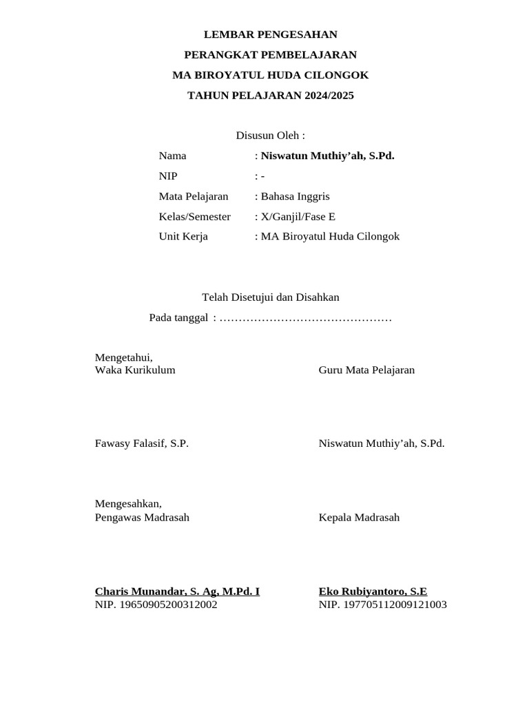 LEMBAR PENGESAHAN Perangkat Pembelajaran | PDF