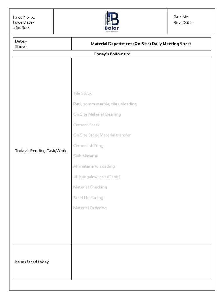 Material Dept (On-Site) - Daily Meeting Format | PDF