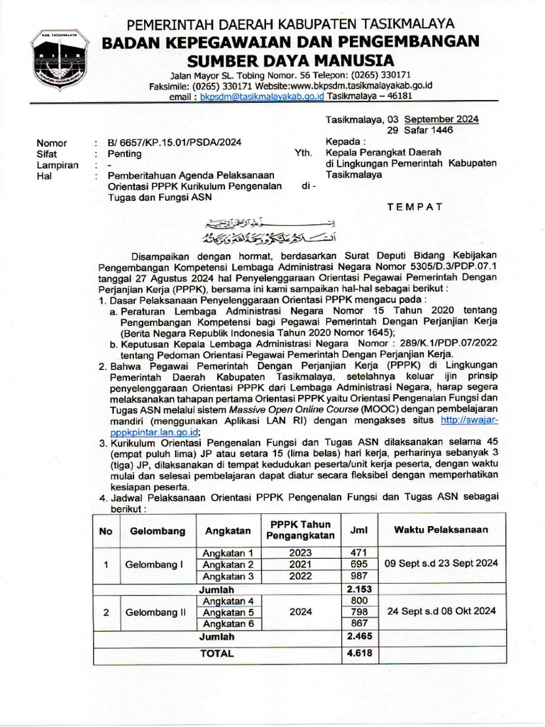 Surat Pemberitahuan Pelaksanaan Orientasi PPPK | PDF
