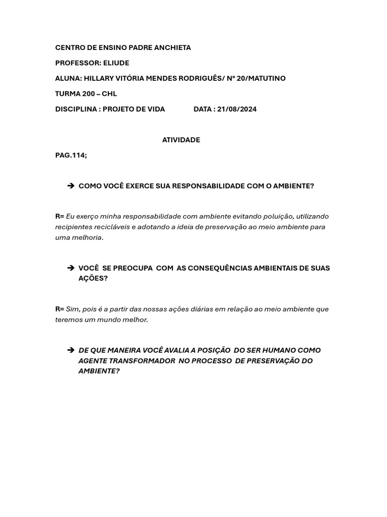 Projetodevida Atividade | PDF