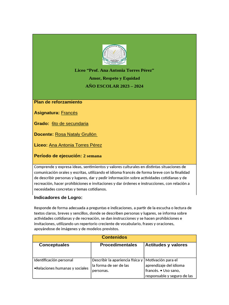 Plan De Reforzamiento Para 6to Listo Pdf