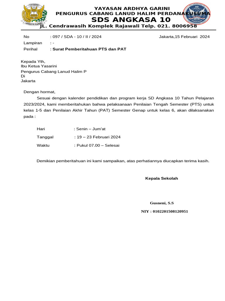 Surat Pemberitahuan Ujian PTS Dan PAT 2024 | PDF
