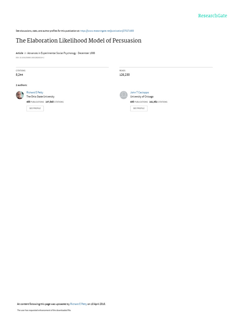 The Elaboration Likelihood Model of Persuasion | PDF