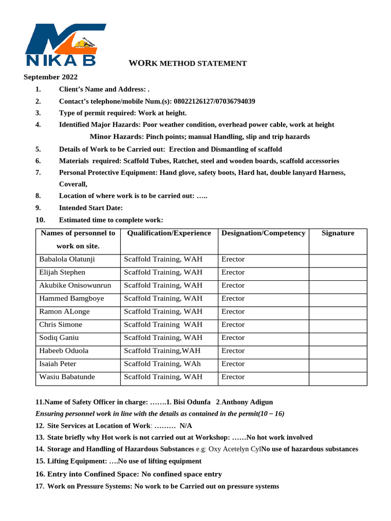 Nikab Work Method Statement | PDF