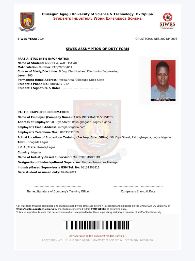 EEE-20-De-001 - 2023-2024 - 400 SIWES Assumption of Duty Form For EEE ...