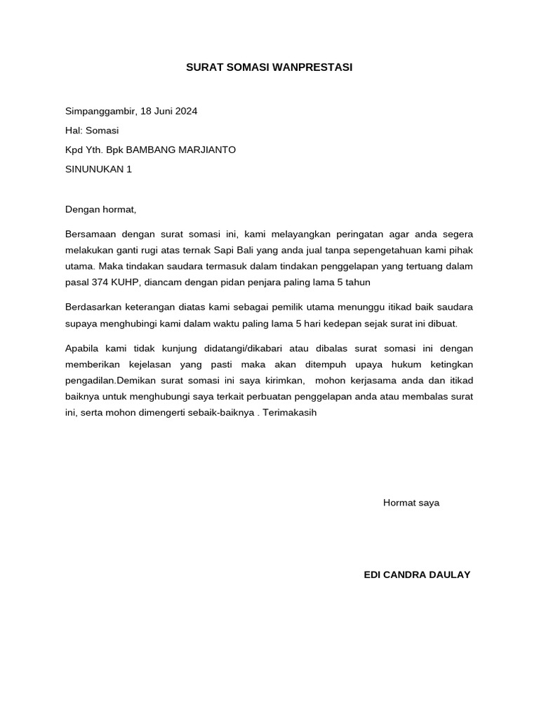 Surat Somasi Wanprestasi | PDF