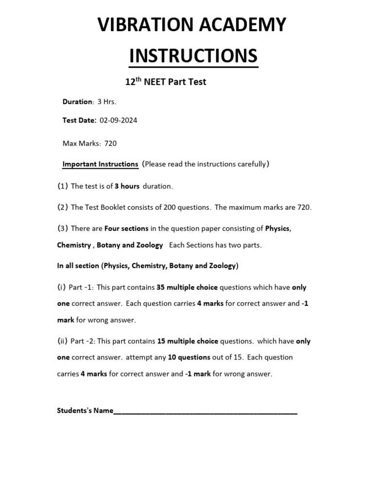 12TH Neet Test Paper 02-09-2024 | PDF