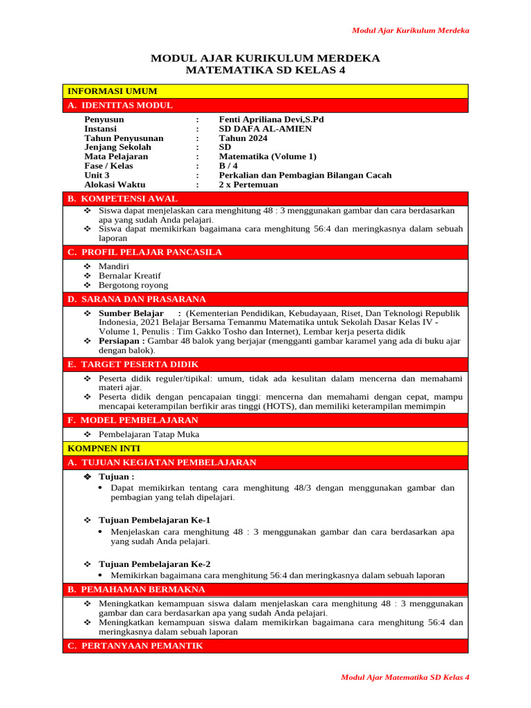 MTK Modul Ajar Kls 4 | PDF