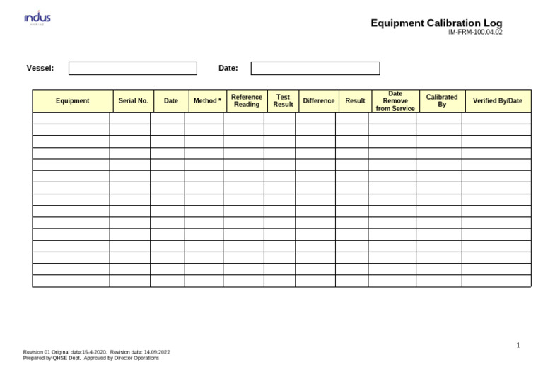 IM-FRM-100.04.02 Equipment Calibration Log | PDF