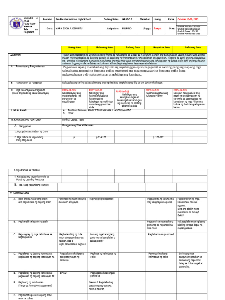DLL G8-Q1 WEEK 7 (October 16-20,2023) | PDF | Philippines