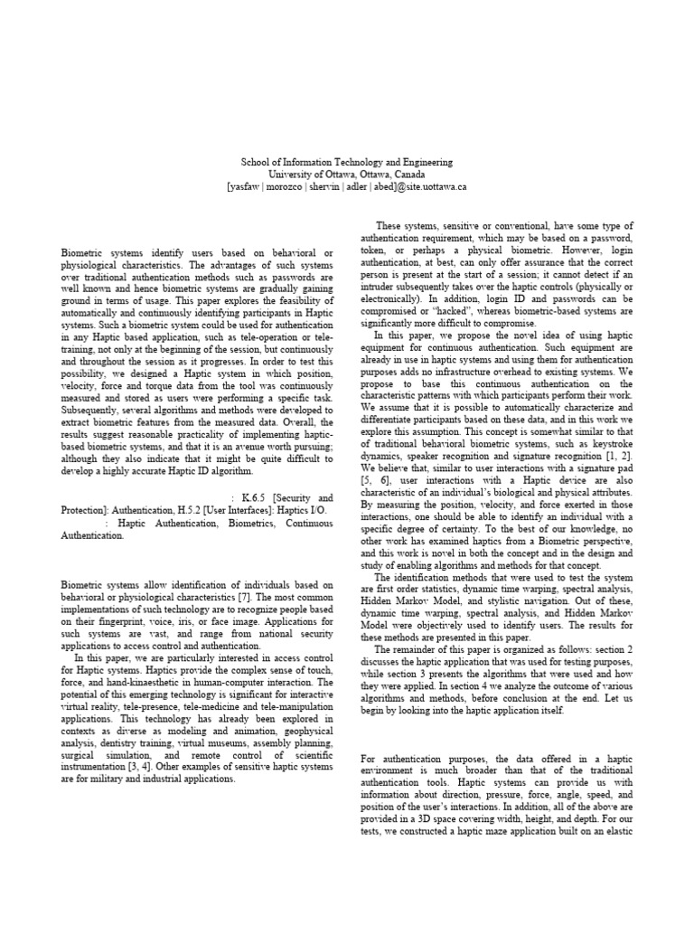 Haptic Based Biometrics A Feasibility Study | PDF