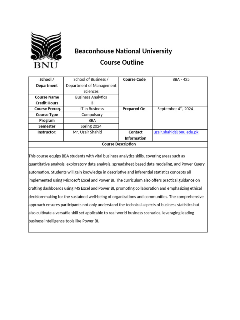BBA-425 Business Analytics Course Outline | PDF | Analytics | Statistics