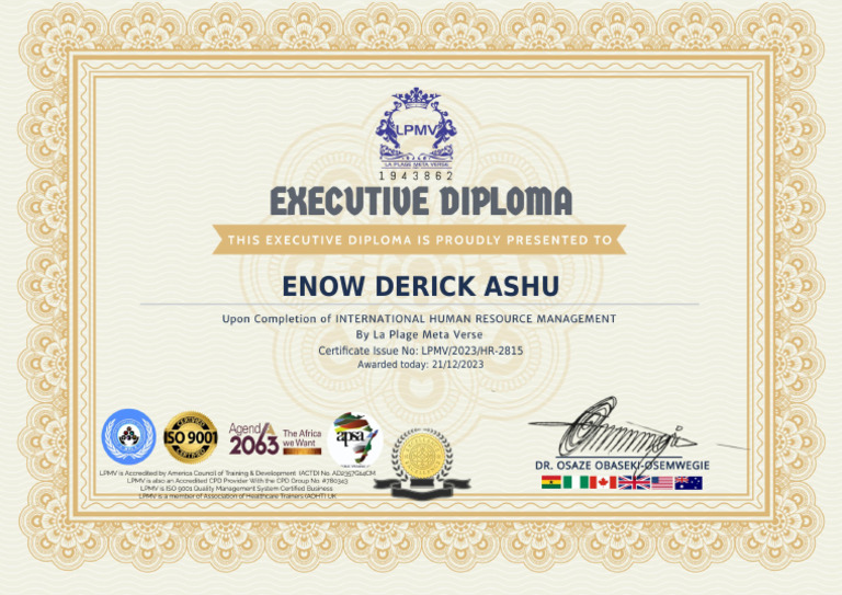 Human Resource Management Certificate For Enow Derick Ashu | PDF