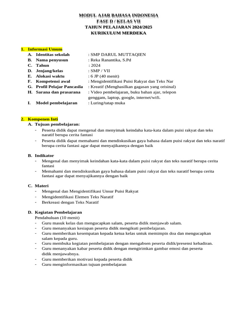Modul Ajar BI (Puisi Rakyat) | PDF