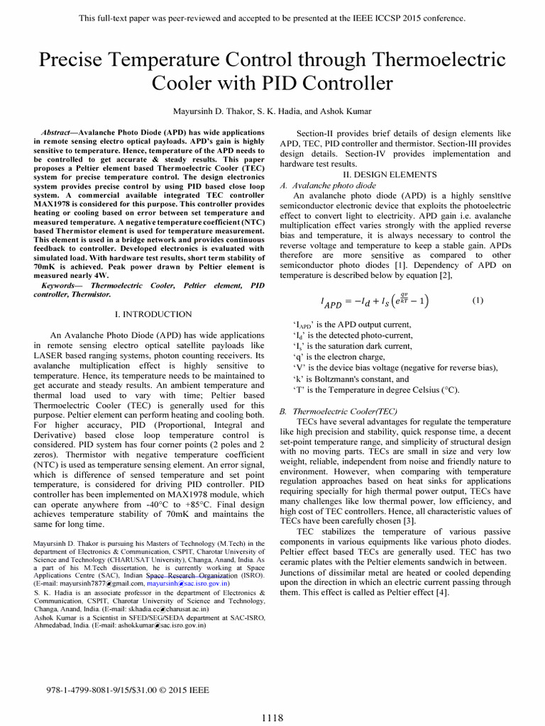 Precise Temperature Control Through Thermoelectric Cooler With PID Controller | PDF