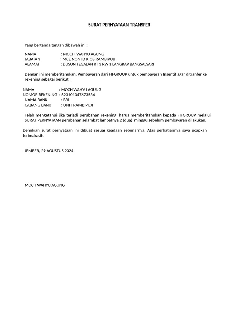SURAT PERNYATAAN TRANFER MOCH WAHYU AGUNG | PDF