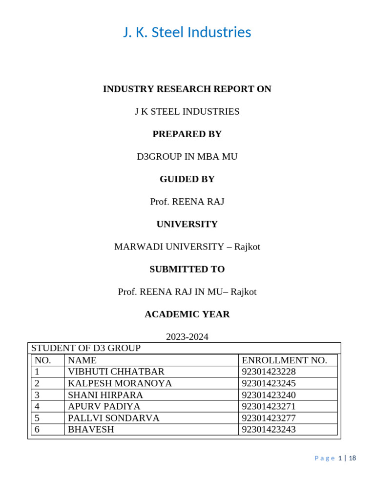 J. K. Steel Industries: Industry Research Report On | PDF