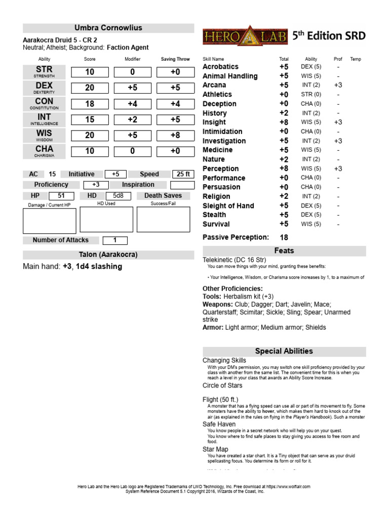 (Trausti's Campaign) Umbra Cornowlius - Aaracokra Star Druid | PDF | Druid
