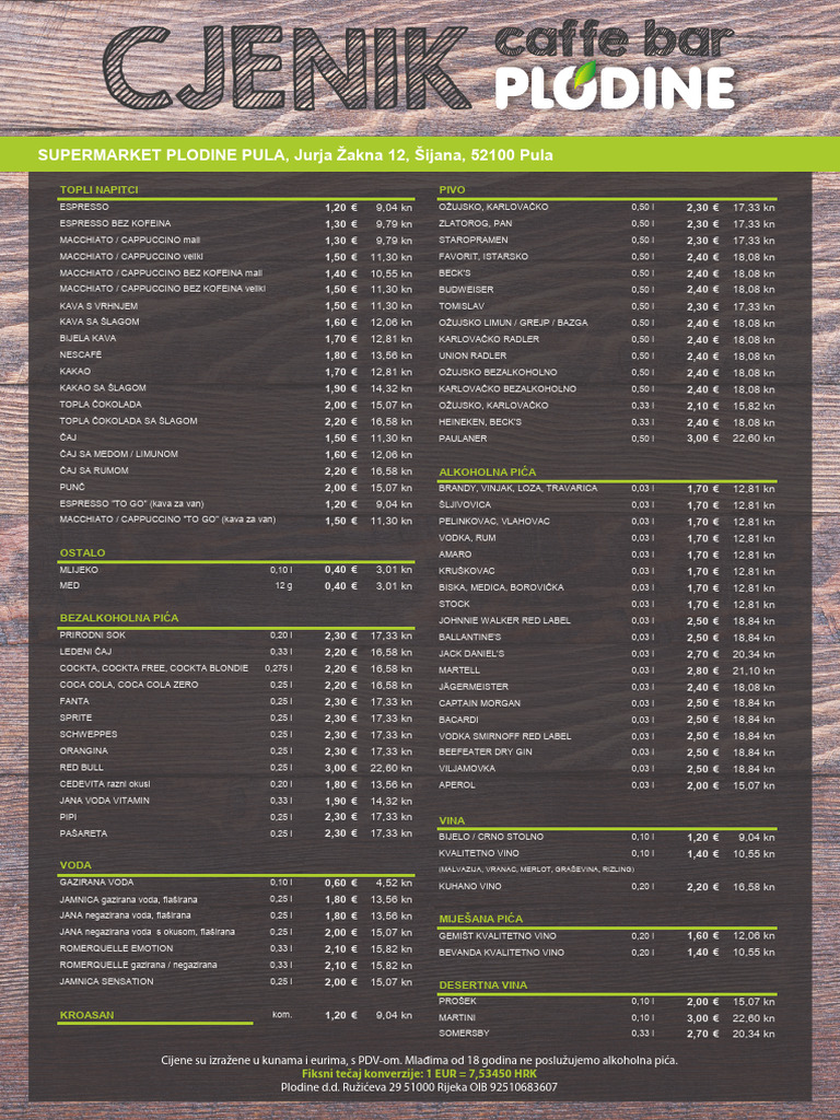Cjenici Caffe Pula-28mutilska-29 2022 Istarski Osnovni Cjenik | PDF