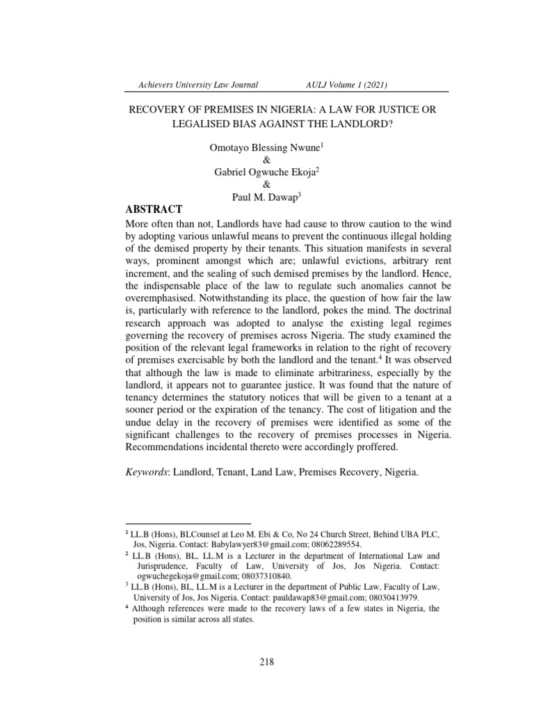 Reccovery of Premises in Nigeria - A Law For Justice or Legalised Bias ...