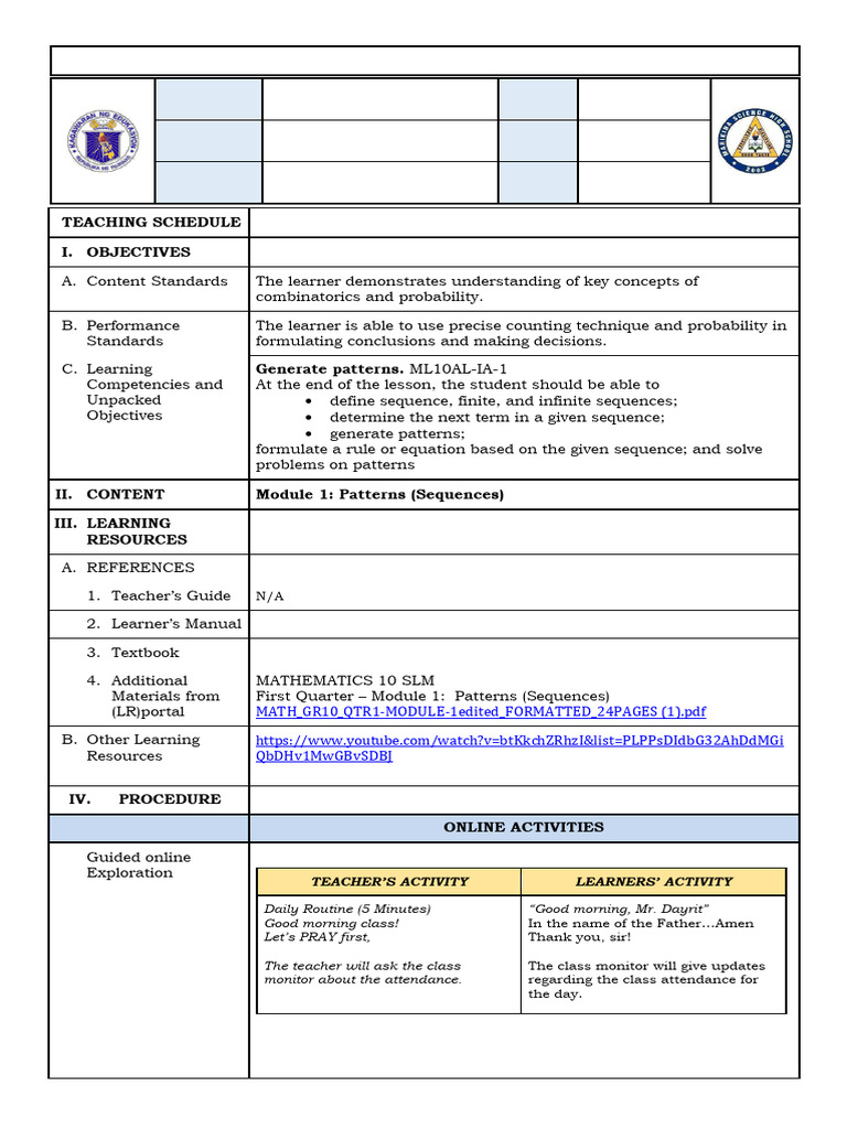 DLP - MATH 10 - Q1 - wk1 - August 5-9 - Dayrit | PDF