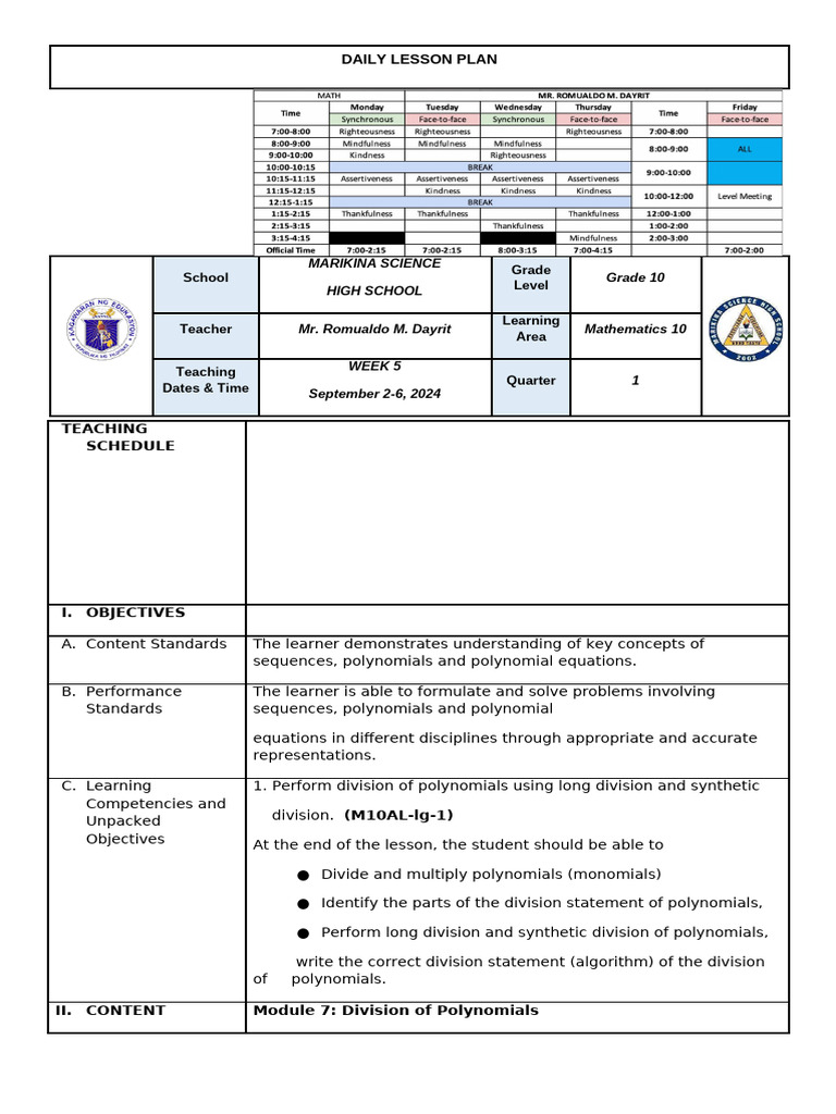 DLP - MATH 10 - Q1 - wk5 - Sept2-6 - Dayrit | PDF | Division ...