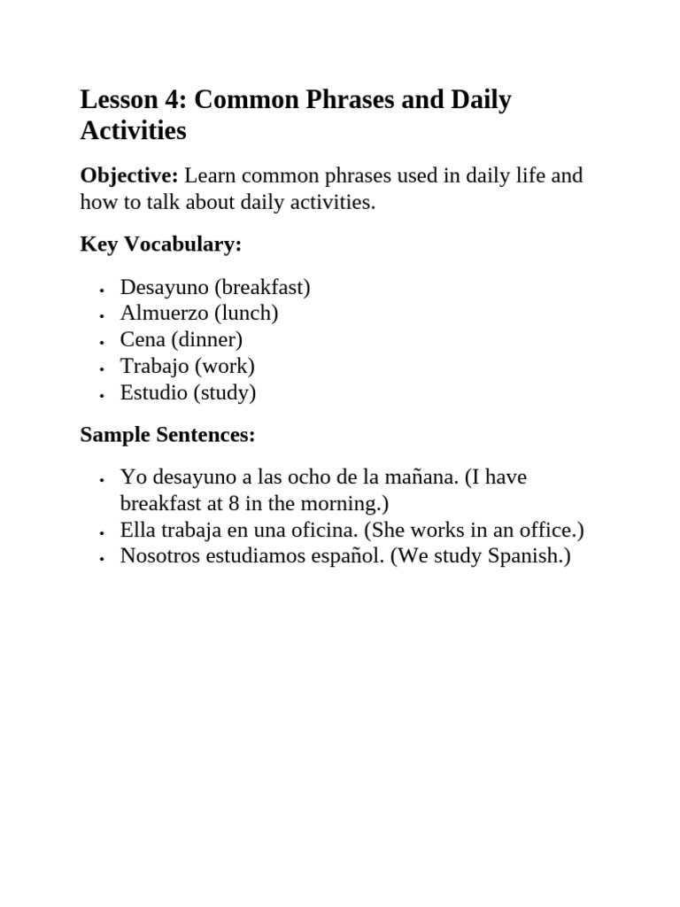 Spanish Lesson 4 - Common Phrases and Daily Activities | PDF