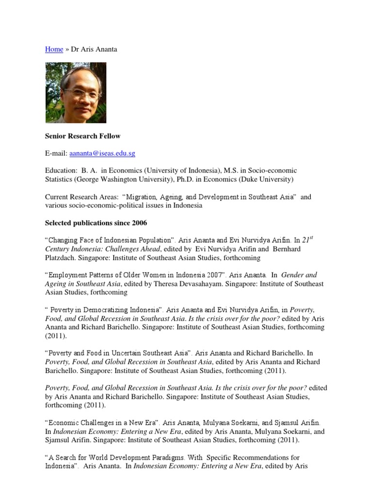 Dr Aris Ananta Research Fellow Profile | PDF | Indonesia | Southeast Asia