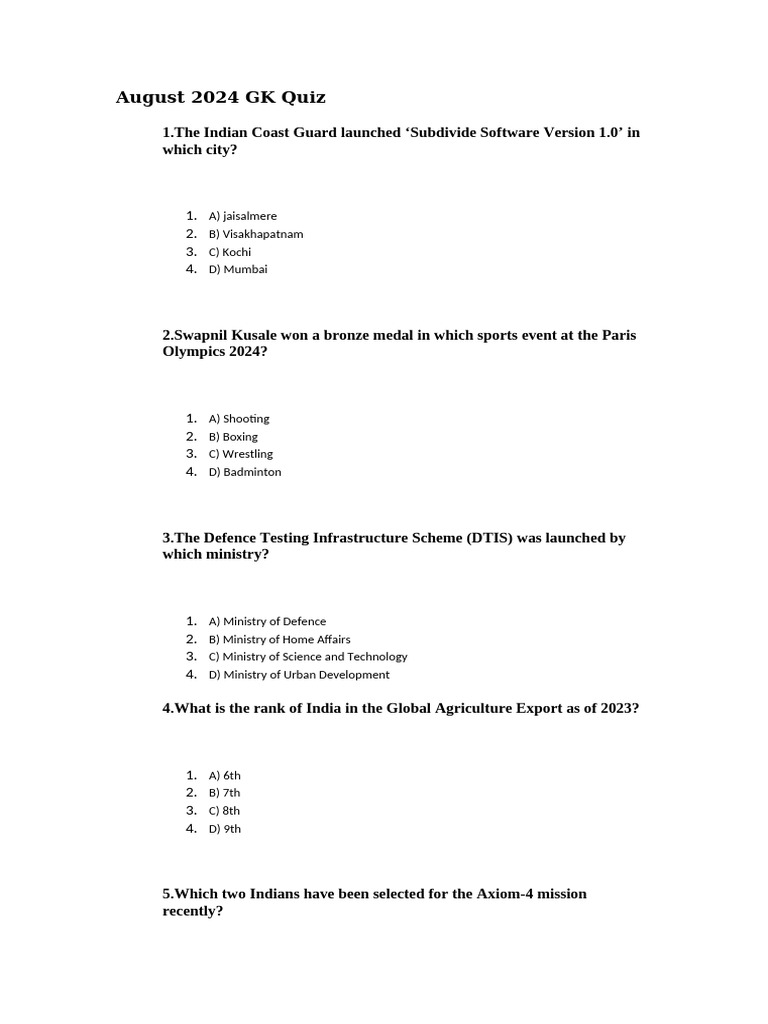 August 2024 GK Quiz | PDF
