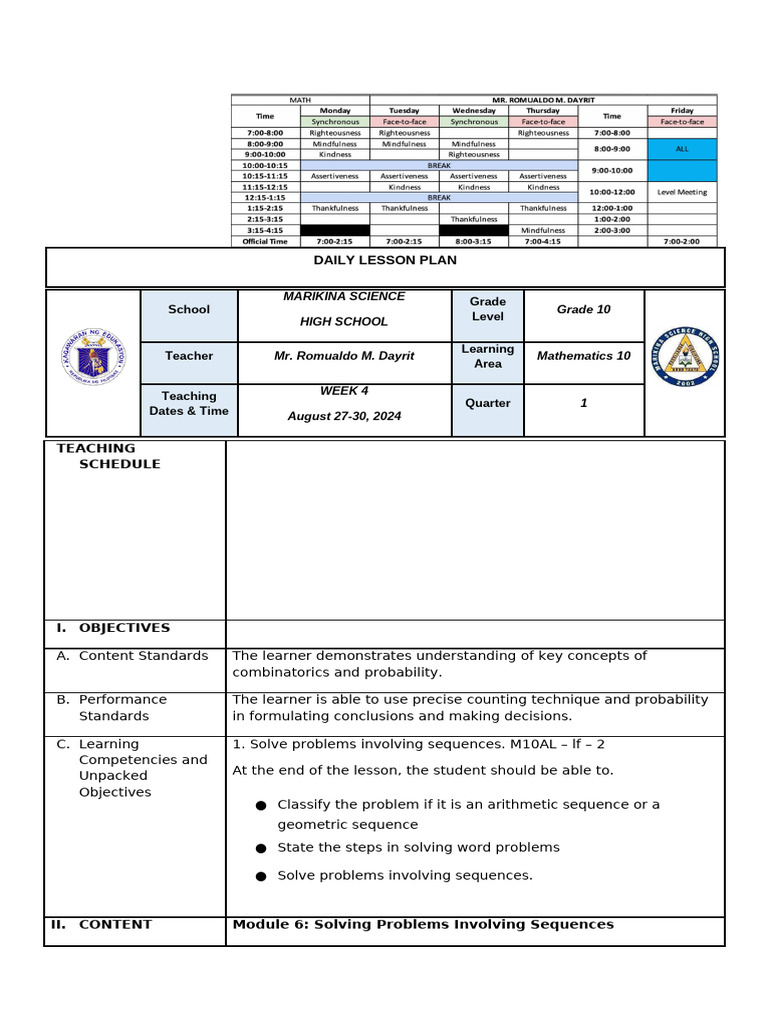 Grade 10 Math Lesson Plan: Sequences | PDF | Learning | Educational ...