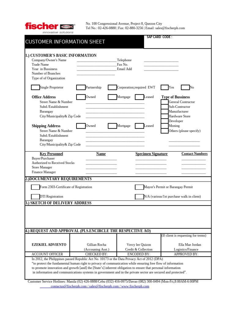 Customer Info Sheet | PDF