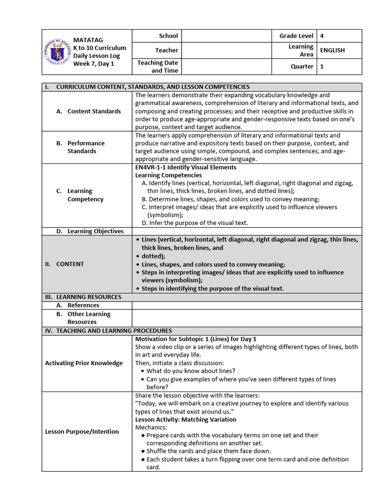 DLL Matatag Eng - 4 - Q1 - W7 - Day 1 | PDF