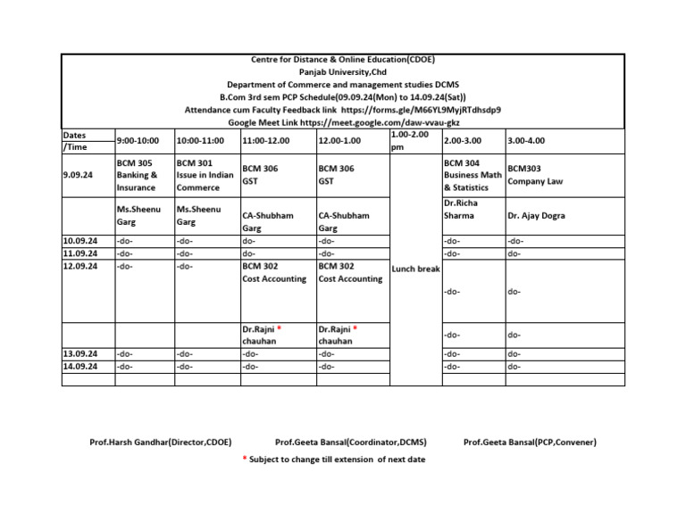B.Com 3rd Sem PCP Schedule Sept 2024 | PDF