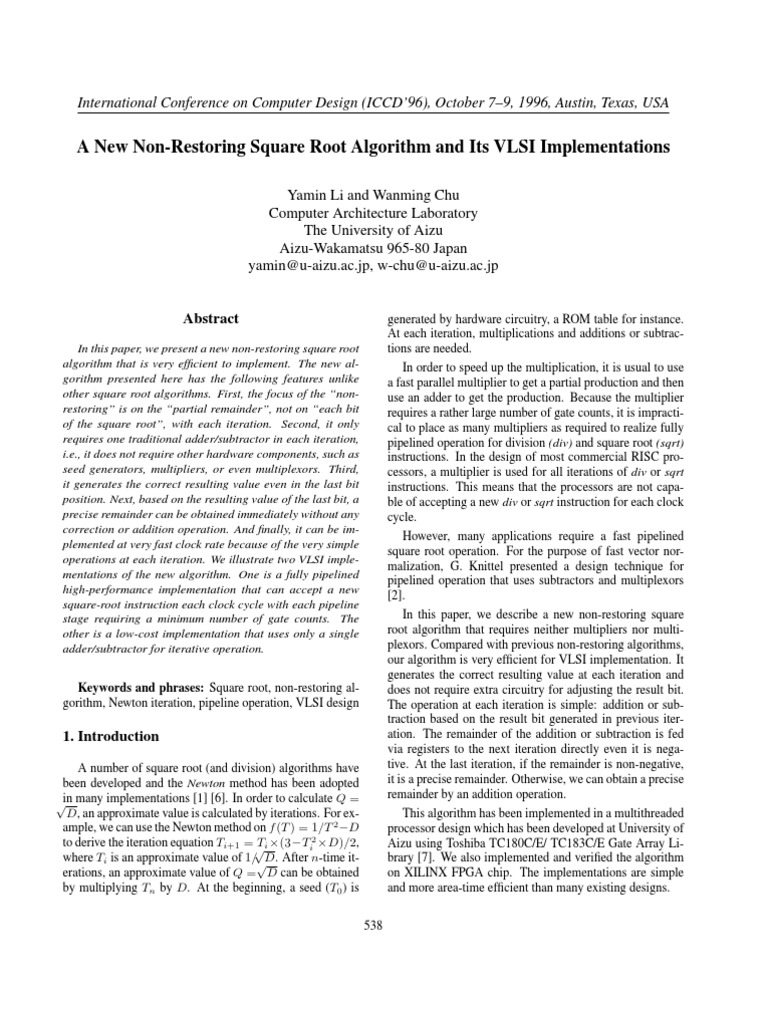 A New Non-Restoring Square Root Algorithm and Its VLSI Implementations | PDF | Integer (Computer ...