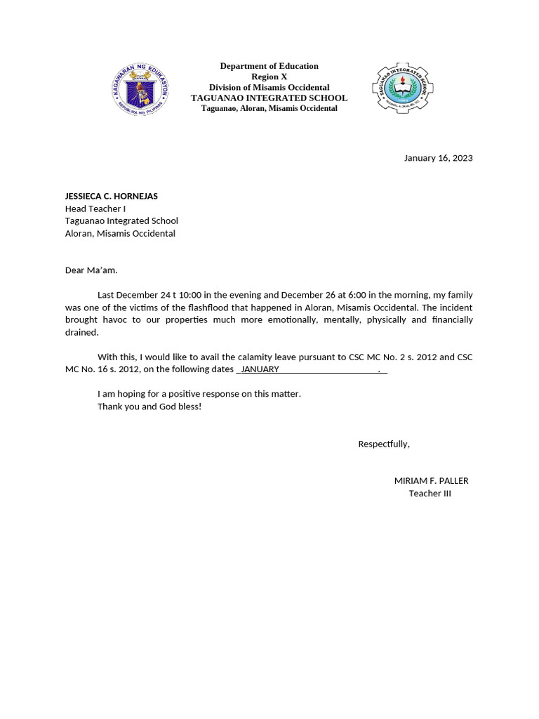 Calamity Leave Letter of Intent | PDF