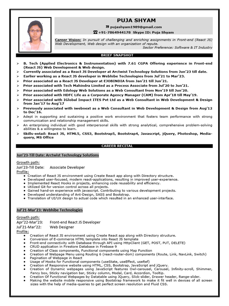 Resume - Front-End Developer - B Tech - Puja Shyam-1 | PDF Resume - Front-End Developer - B Tech - Puja Shyam-1 | PDF