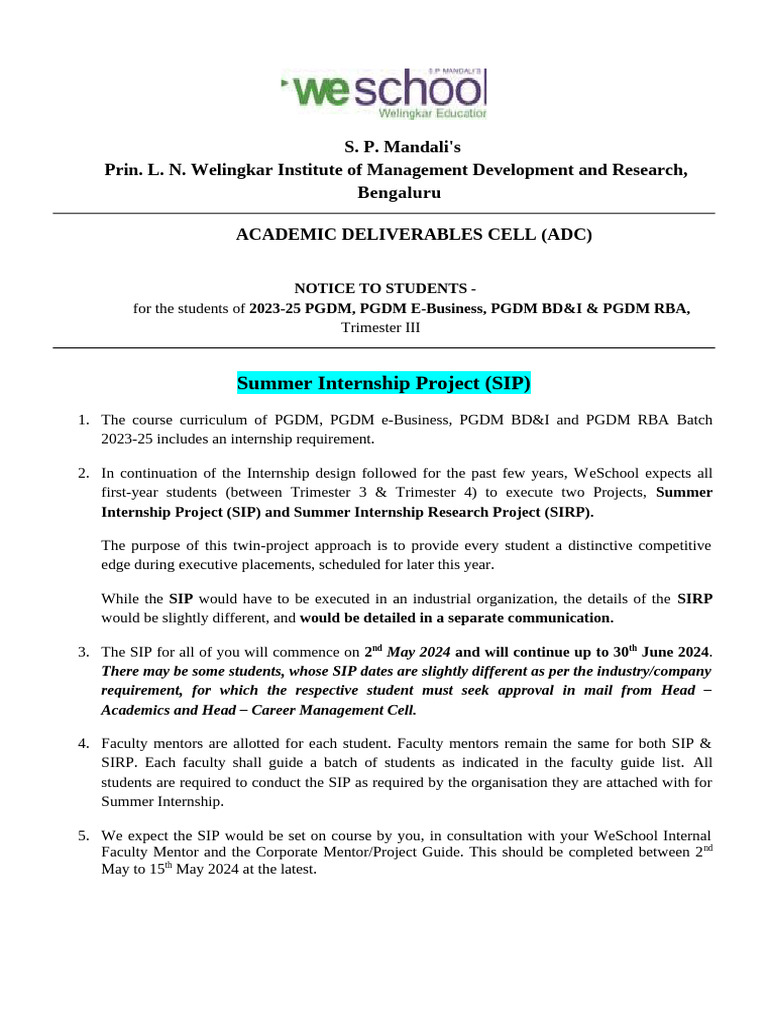 2023-25 - Summer Internship Project (SIP) - Notice | PDF