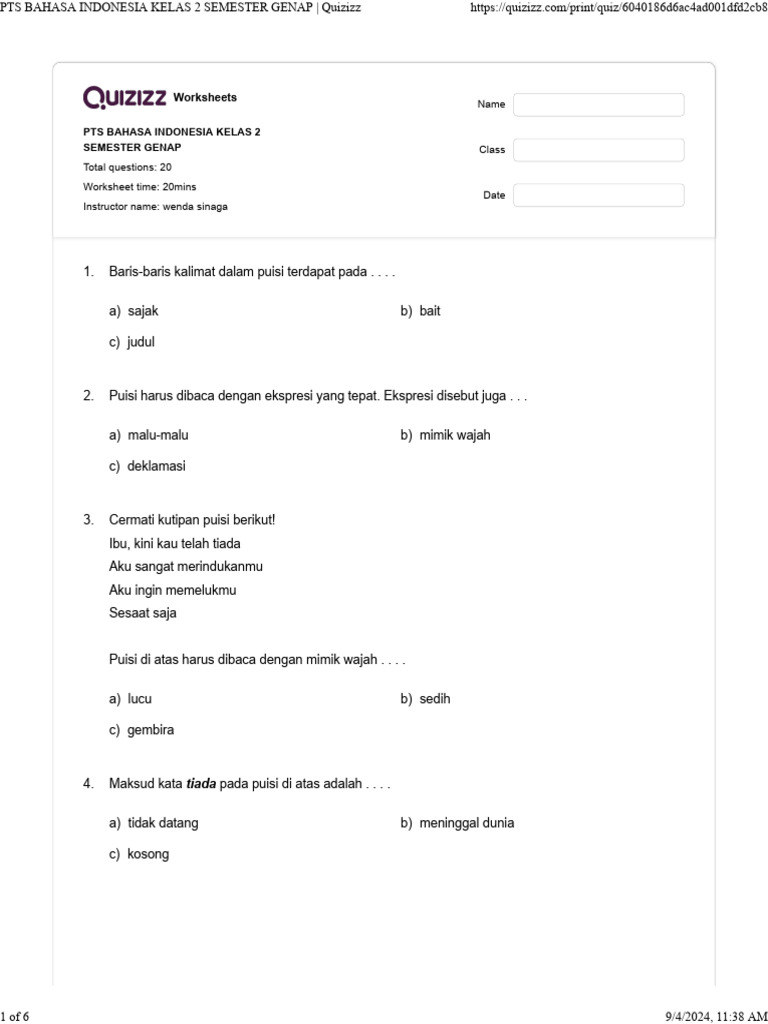 quis bahasa Indonesia kelas 2 SD _ Quizizz 3 | PDF