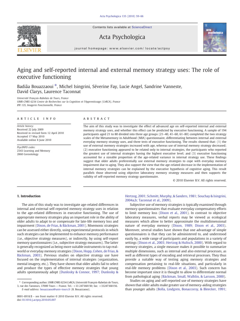 Aging and Self-Reported Internal and External Memory Strategy Uses The ...