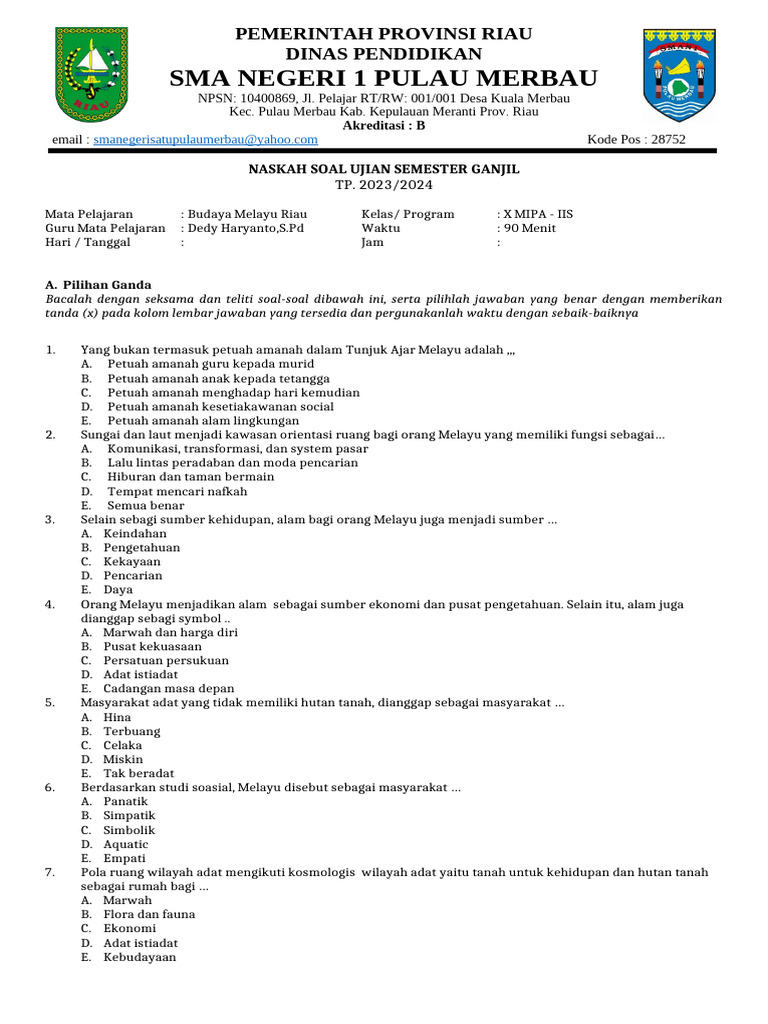 Budaya Melayu Soal X Ganjil 2022-2023 | PDF