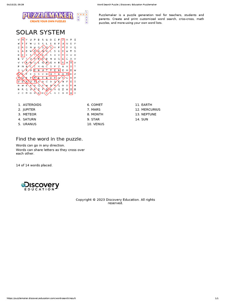 Word Search Puzzle - Discovery Education Puzzlemaker | PDF