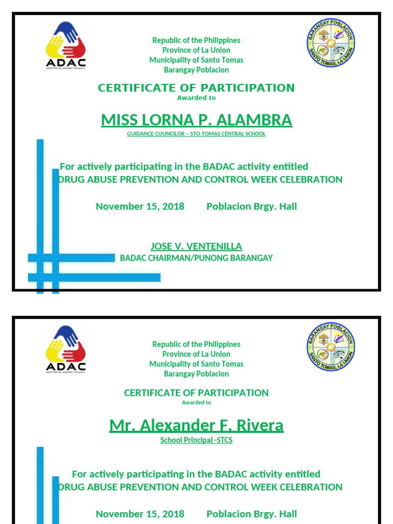 Certification of DRUG ABUSE PREVENTION AND CONTROL WEEK CELEBRATION | PDF
