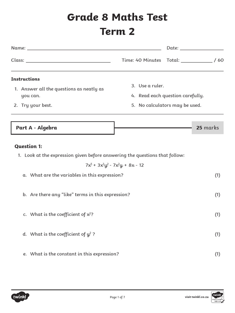 GR8 Sample Test Algebraic Expressions and Geometry | PDF