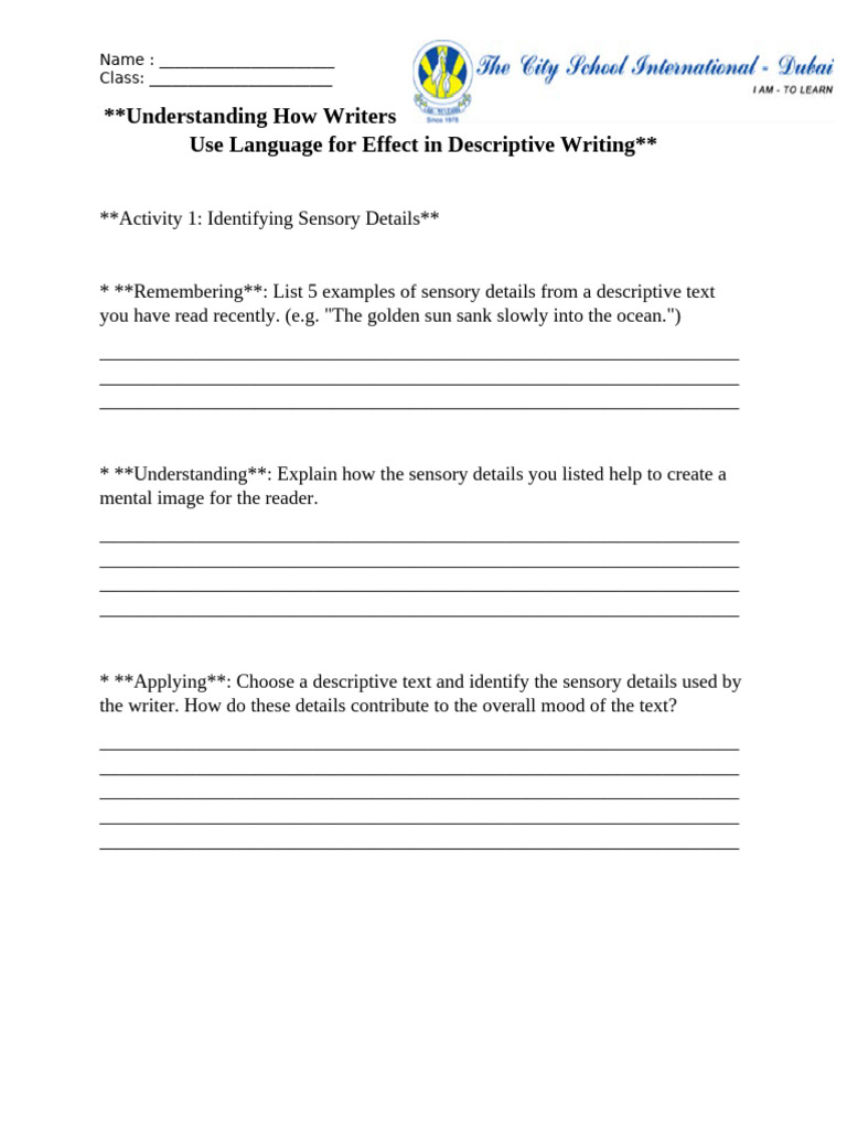 Print Week 2 Use of Language in Descriptive Writing Descriptive Writing ...