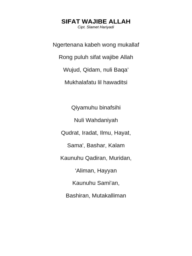 Lirik Sifat Wajibe Allah Mapsi 2024 | PDF