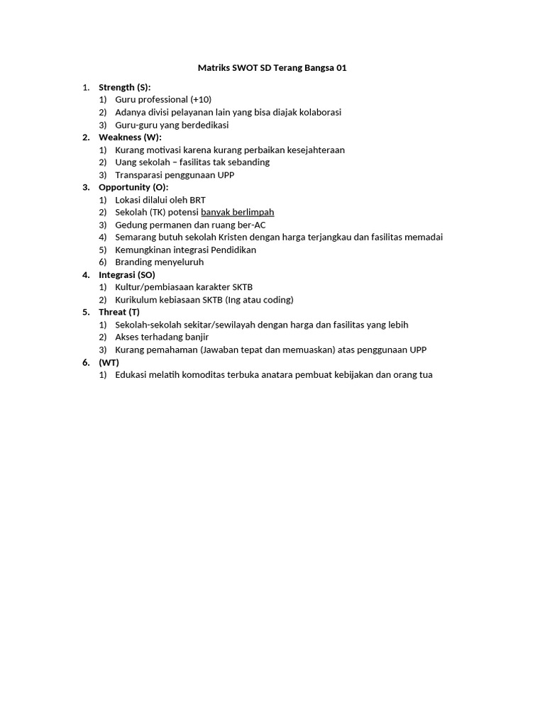 Matriks SWOT SD Terang Bangsa 01 | PDF
