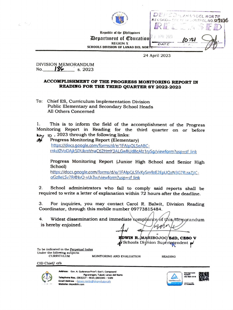Accomplishment of The Progress Monitoring Report in Reading For The ...