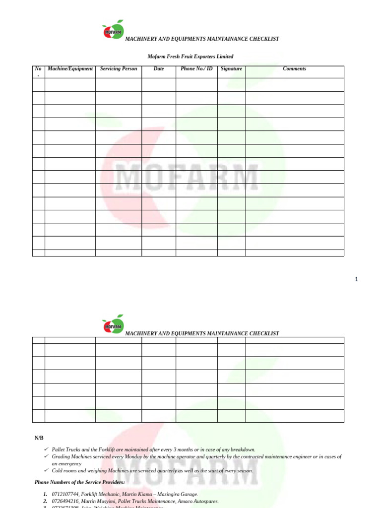 Machinery Maintenance Checklist | PDF