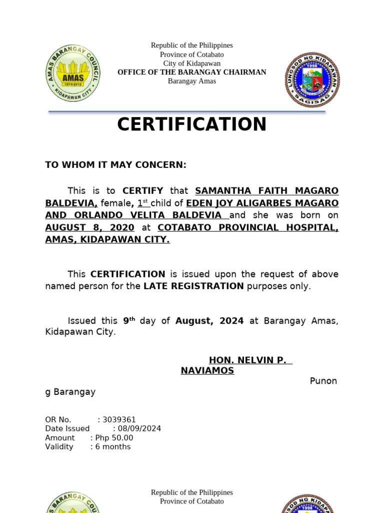 Certification For Late Registration | PDF