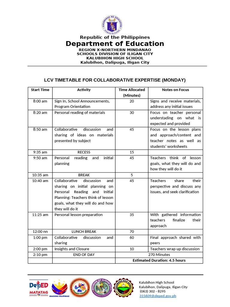 KalubihonHS - LCV Timetable For Collaborative Expertise 2024 | PDF